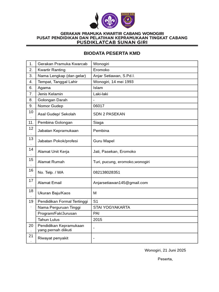 Form Biodata Dan Pernyataan Peserta KMD | PDF