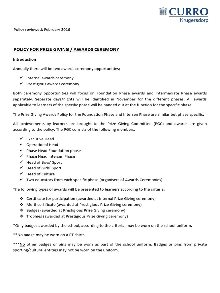 Prize Giving Awards Policy Overview | PDF