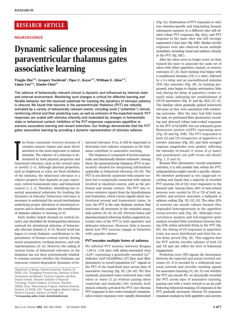 Dynamic Salience Processing Inparaventricular Thalamus Gatesassociative ...