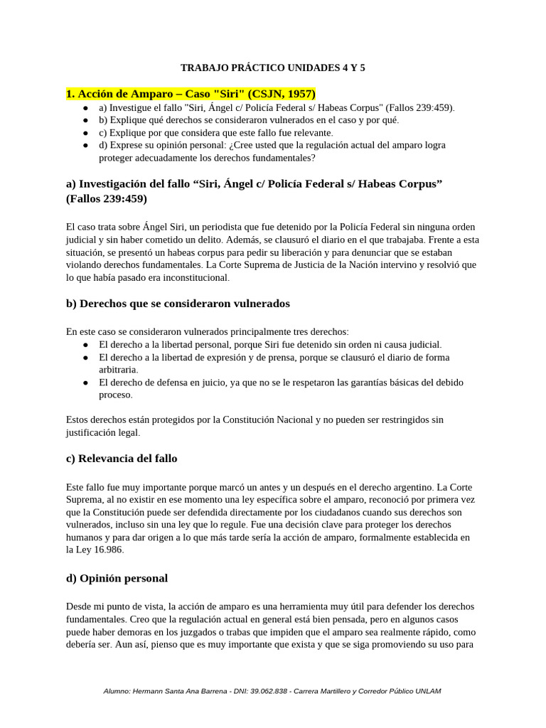 Trabajo Práctico Unidades 4 y 5 - Unlam | PDF | Habeas corpus | Constitución