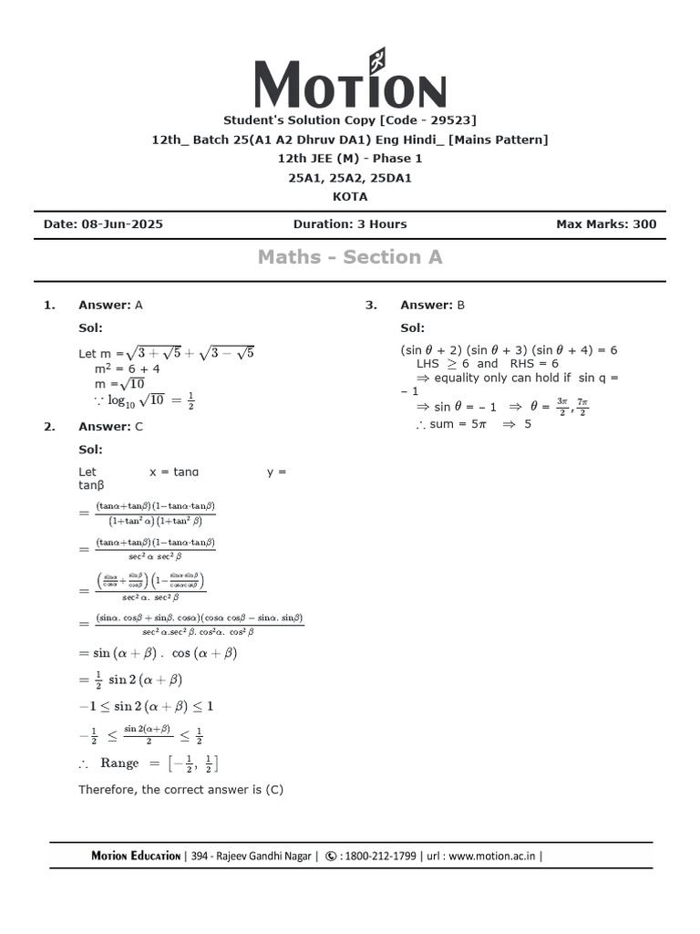 12th - Batch 25 (A1 A2 Dhruv DA1) - Solution | PDF | Mathematics