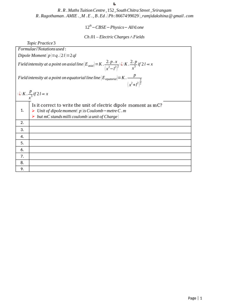 01 - Electrical Charges and Field - All in 1 - Solution (Topic Practice ...