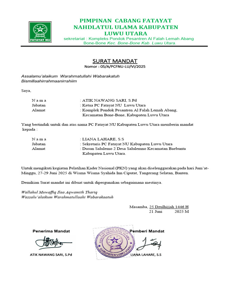 Surat Mandat Pelatihan Kader Fatayat NU | PDF