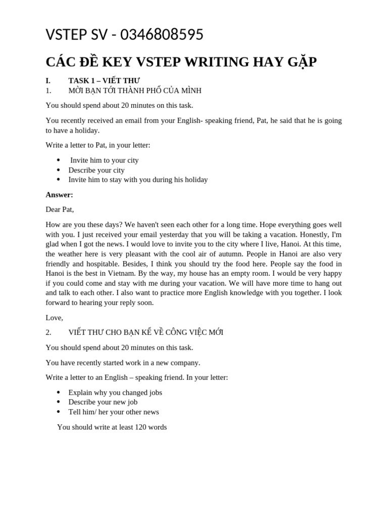 Đề Key VSTEP WRITING TASK 1 - VSTEP SV | PDF