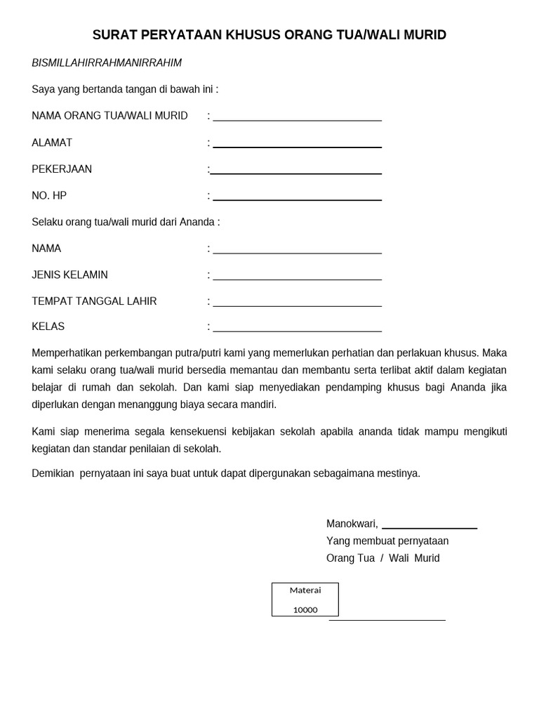 Surat Permohonan Orang Tua (Abk) | PDF