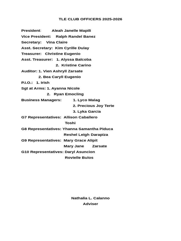 Tle Club Officers 2025-2026 | PDF
