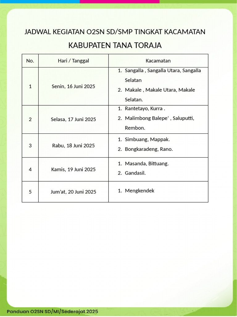 Jadwal Kegiatan O2sn SD | PDF