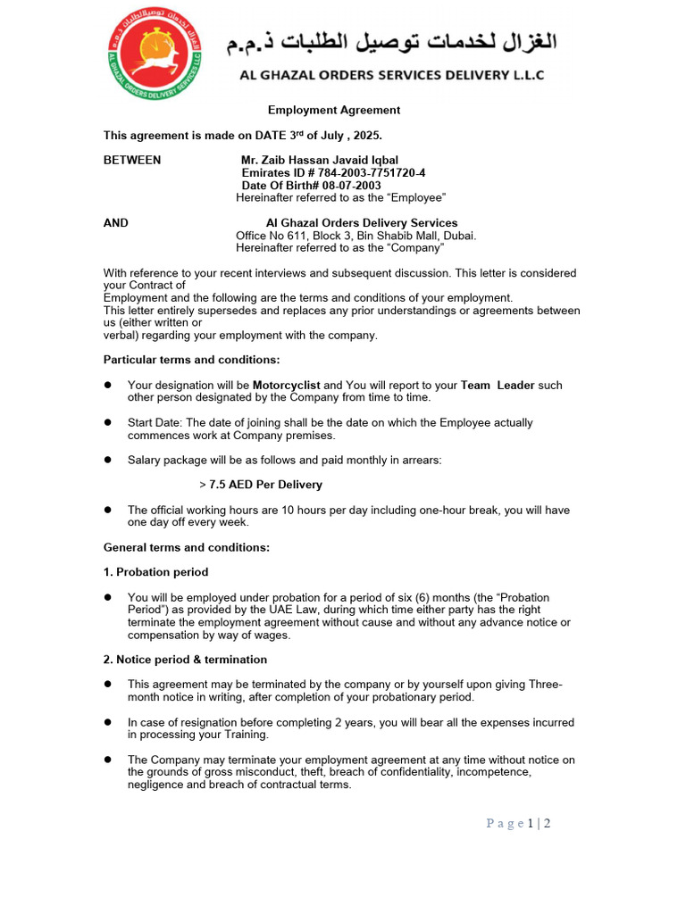 Offer Letter To Zaib Hassan Javaid Iqbal | PDF | Breach Of Contract | Employment