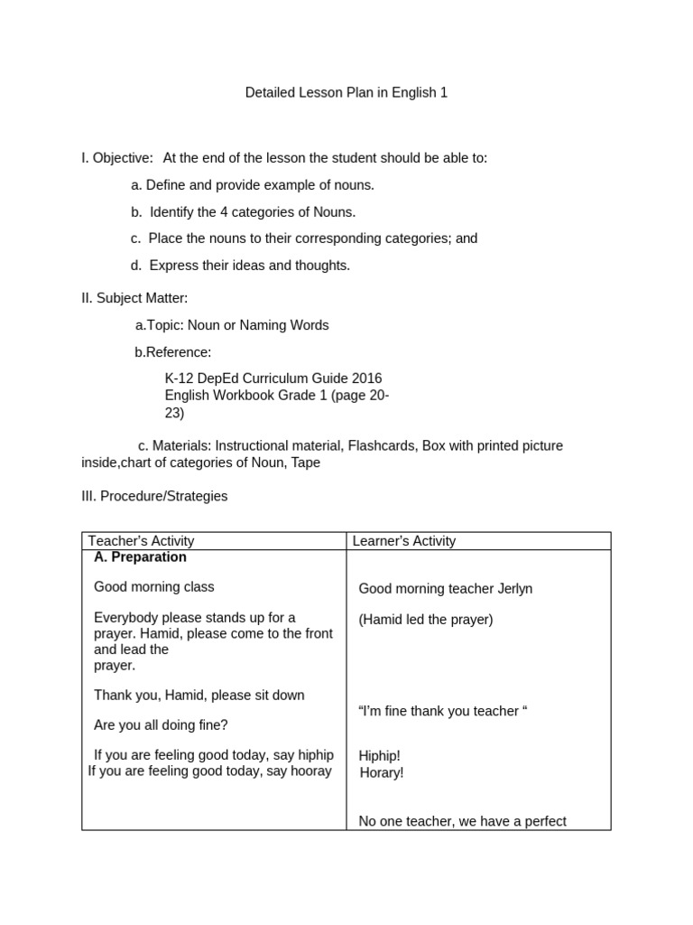 Detailed Lesson Plan in English 1 | PDF | Lesson Plan | English Language