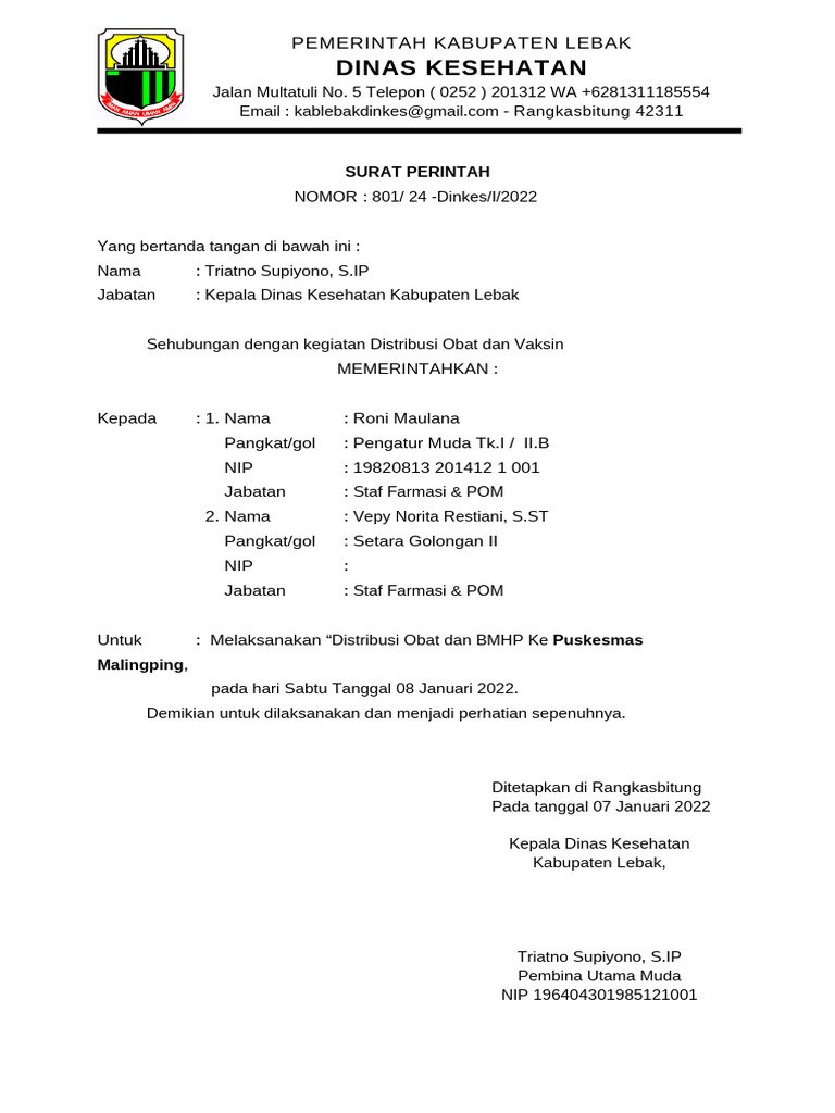 Surat Perintah Distribusi Obat Lebak | PDF