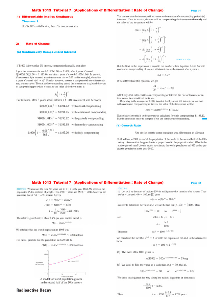 Math 1013 Tutorial - 6 | PDF | Radioactive Decay | Radiocarbon Dating
