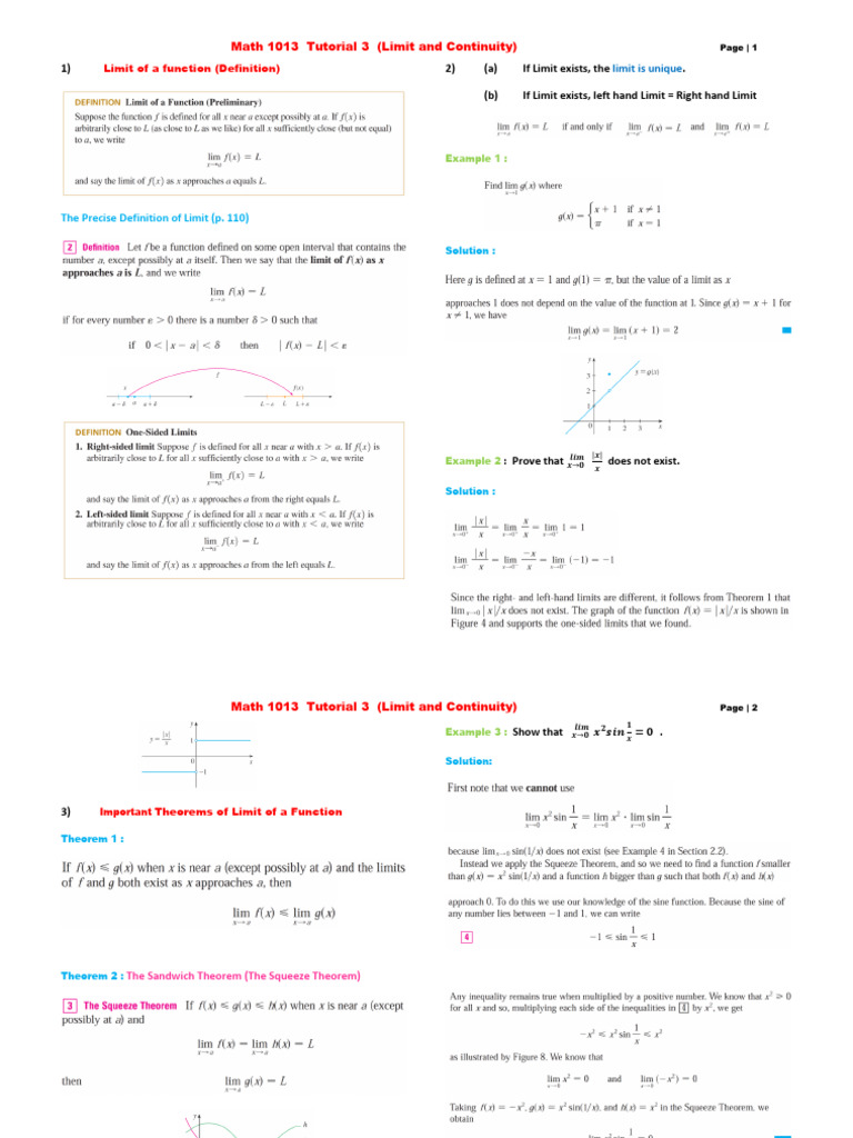 Math 1013 Tutorial 3 (Limit and Continuity) | PDF | Continuous Function | Function (Mathematics)