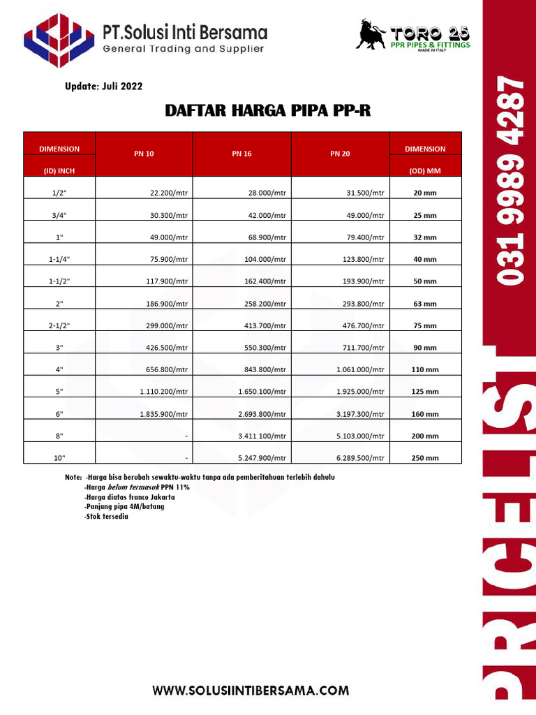 Pricelist Pipa PP-R Toro 25 | PDF