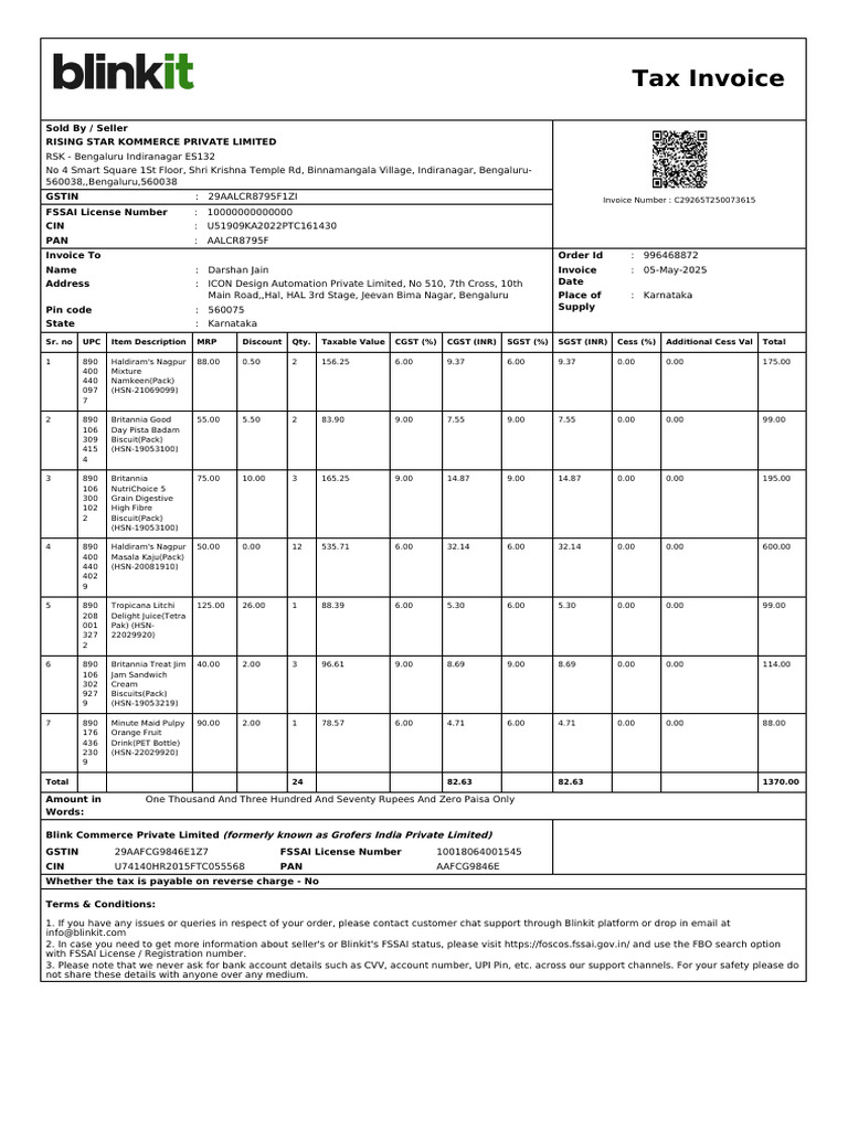 Detailed Tax Invoice for Purchases | PDF | Economy Of India
