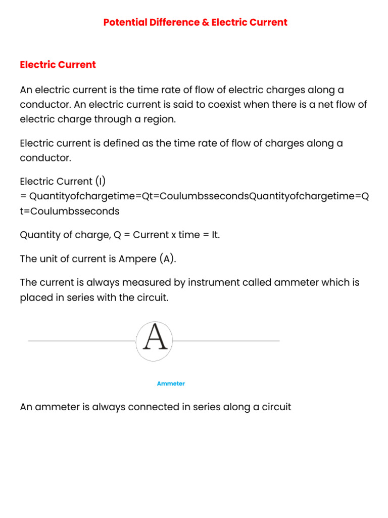 Electric Current and Potential Difference | PDF | Voltage | Electric ...