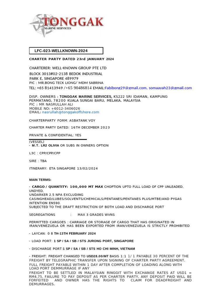 Charter Party Agreement for M.T. Olivia | PDF | Shipping