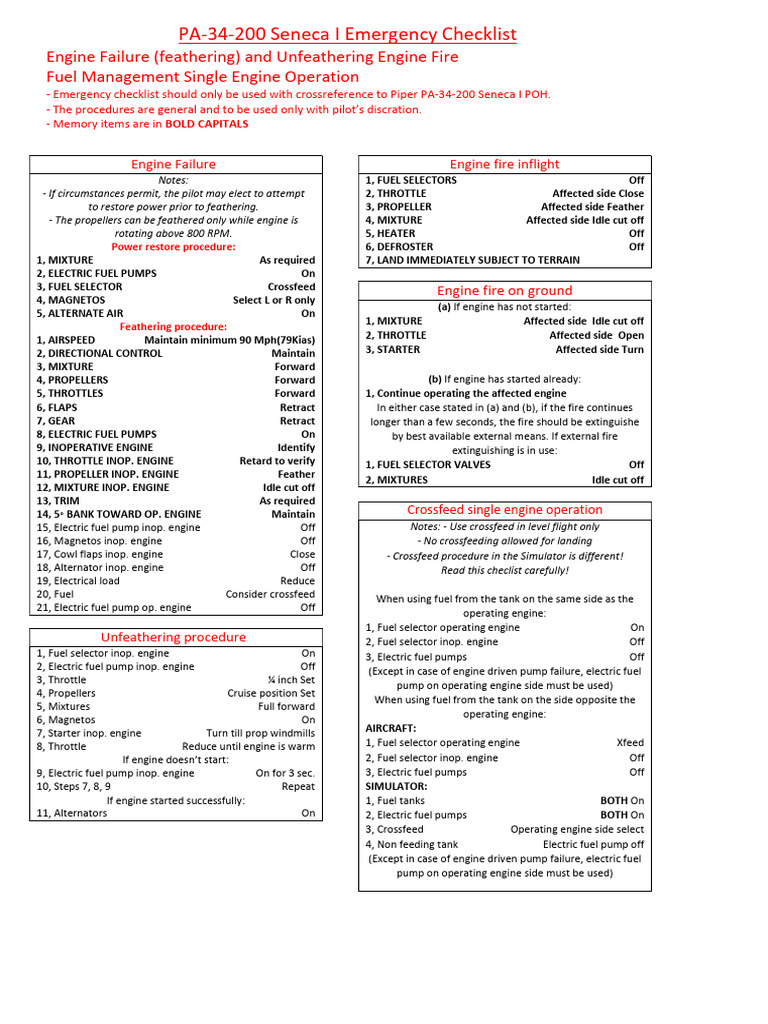 Emergency Checklist Seneca 2 2 Engine 2 | PDF | Engines | Aircraft