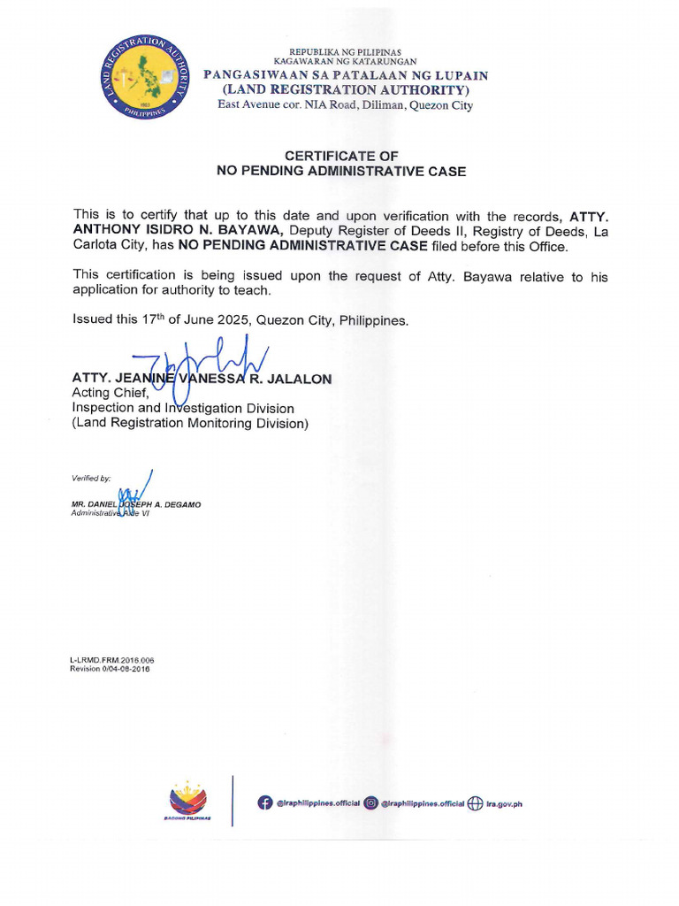 Cert of No Pending Case - Atty. Bayawa | PDF