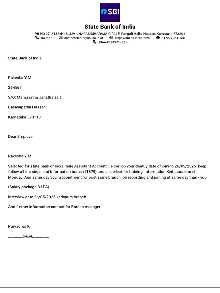 Letter - Rakesha Y M | PDF