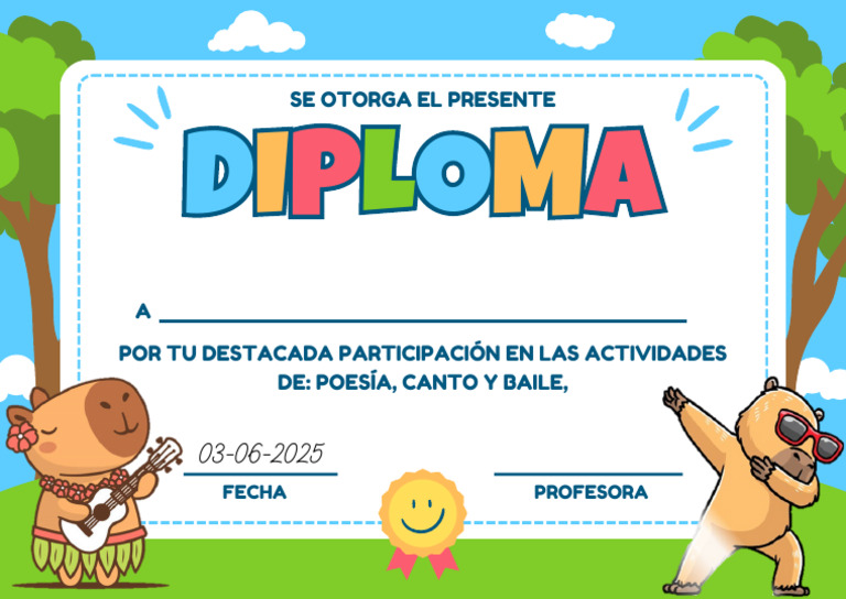 Reconocimiento Diploma Infantil Ilustrado Azul y Verde | PDF