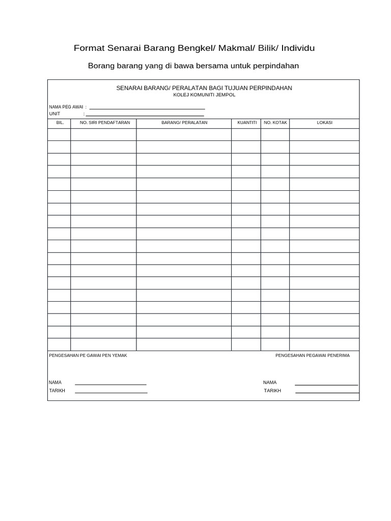 Format Borang Senarai Barang Bengkel - Makmal - Bilik | PDF