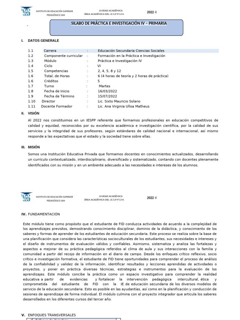 Silabo - Pi - Iv - Primaria - Ana - Ulloa | PDF | Evaluación | Enseñando