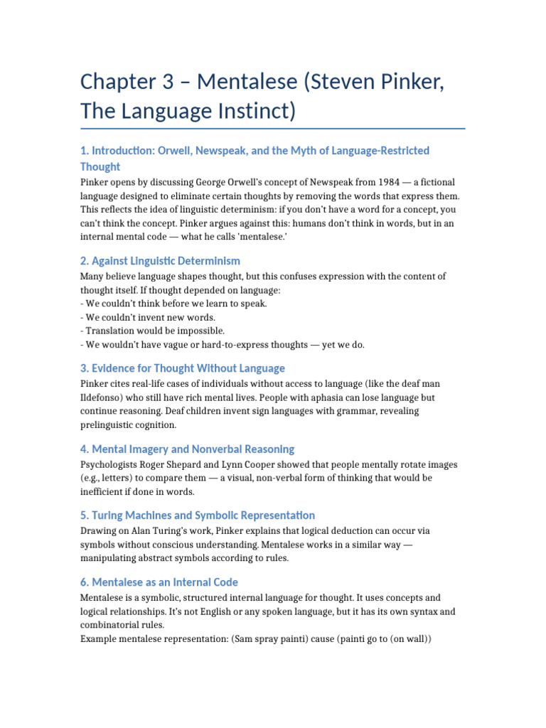 Chapter 3 Mentalese Summary Pinker | PDF | Thought | Cognitive Psychology