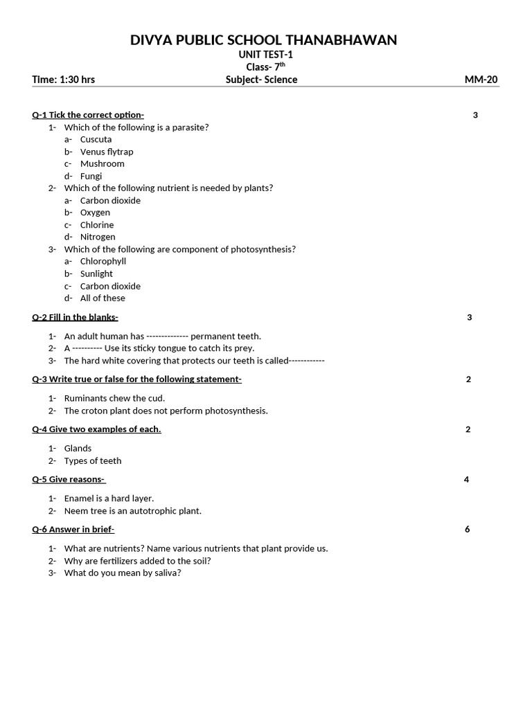 DIVYA PUBLIC SCHOO1 Class 7 Science Unit Test 1 | PDF
