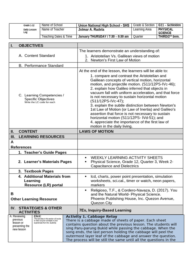 Grade 11 Physical Science Lesson Plan | PDF | Inertia | Newton's Laws ...