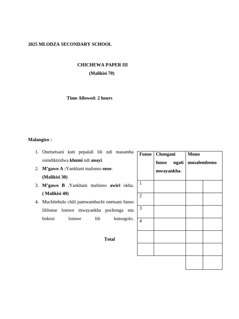 Chichewa Paper LLL Form 333 | PDF