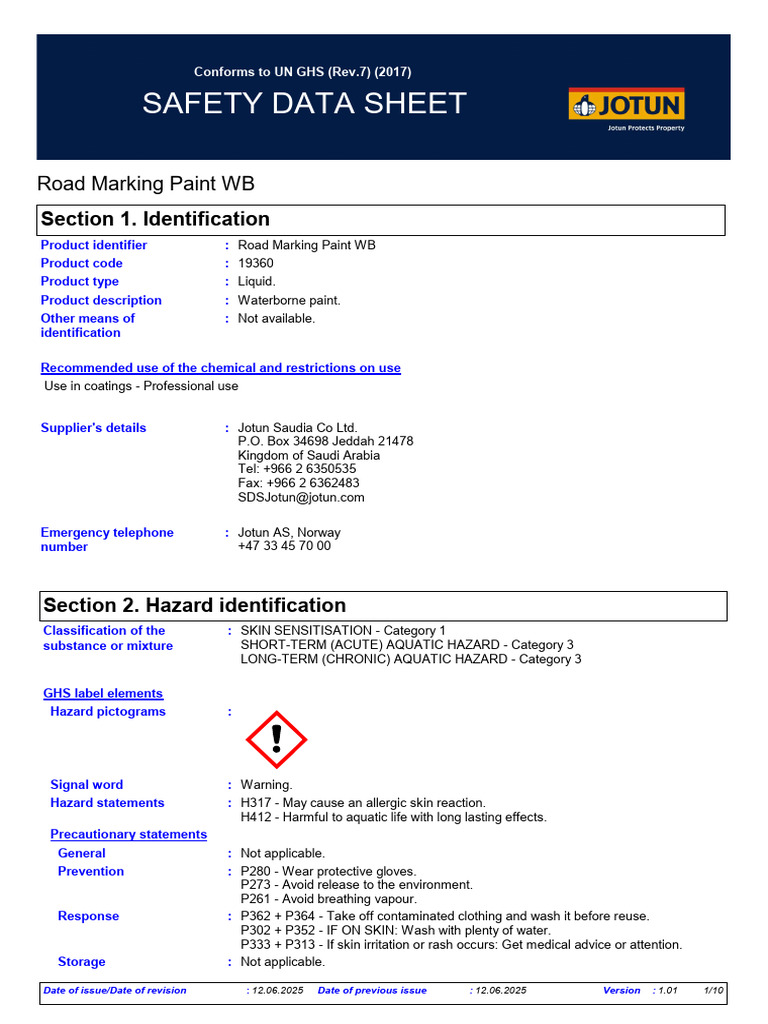 Jotun Road Marking Paint MSDS | PDF | Toxicity | Waste Management