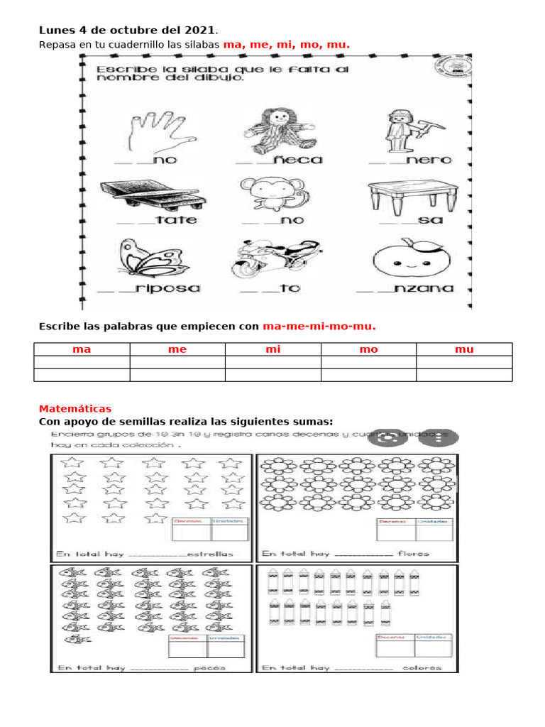 Actividades de Repaso Silabas M | PDF