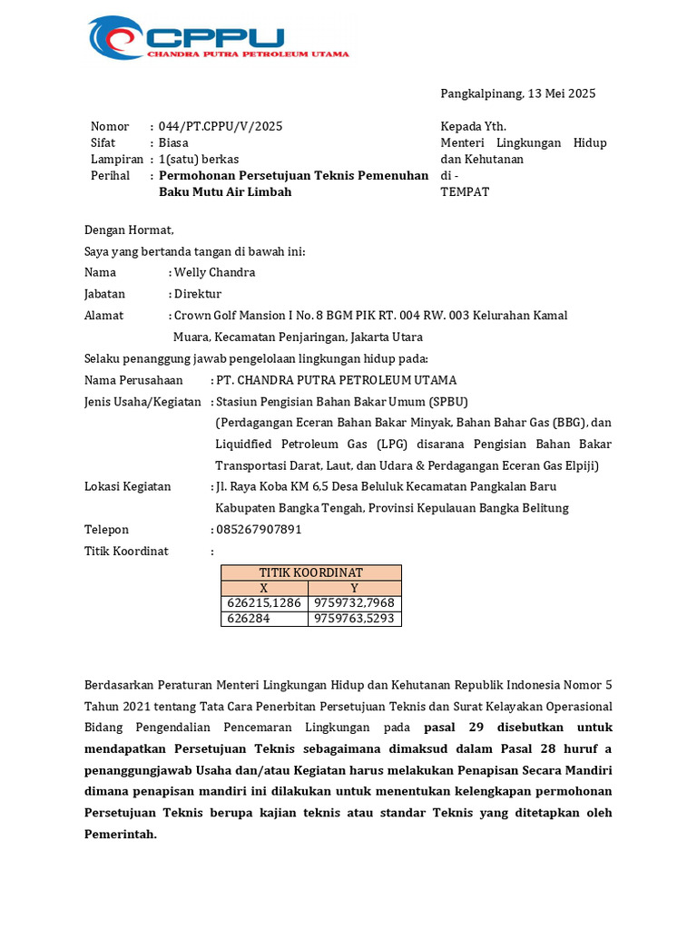 Surat Pengantar Dan Penapisan Mandiri Air Limbah PT. CPPU | PDF