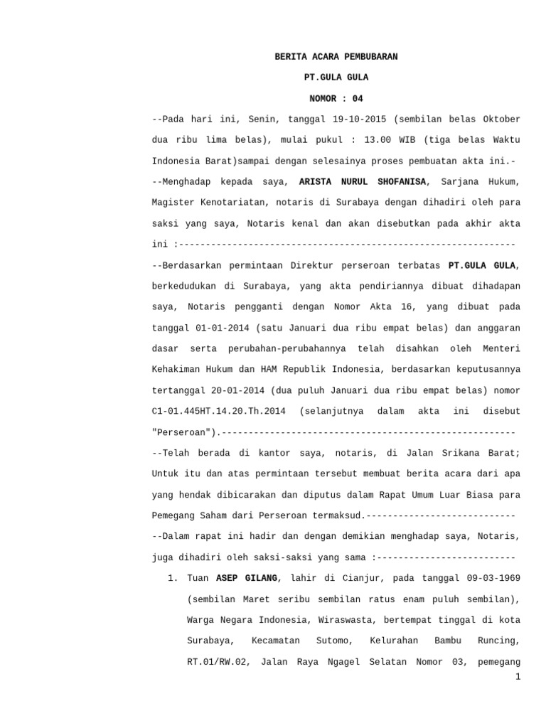 Berita Acara Pembubaran PT Gula Gula | PDF