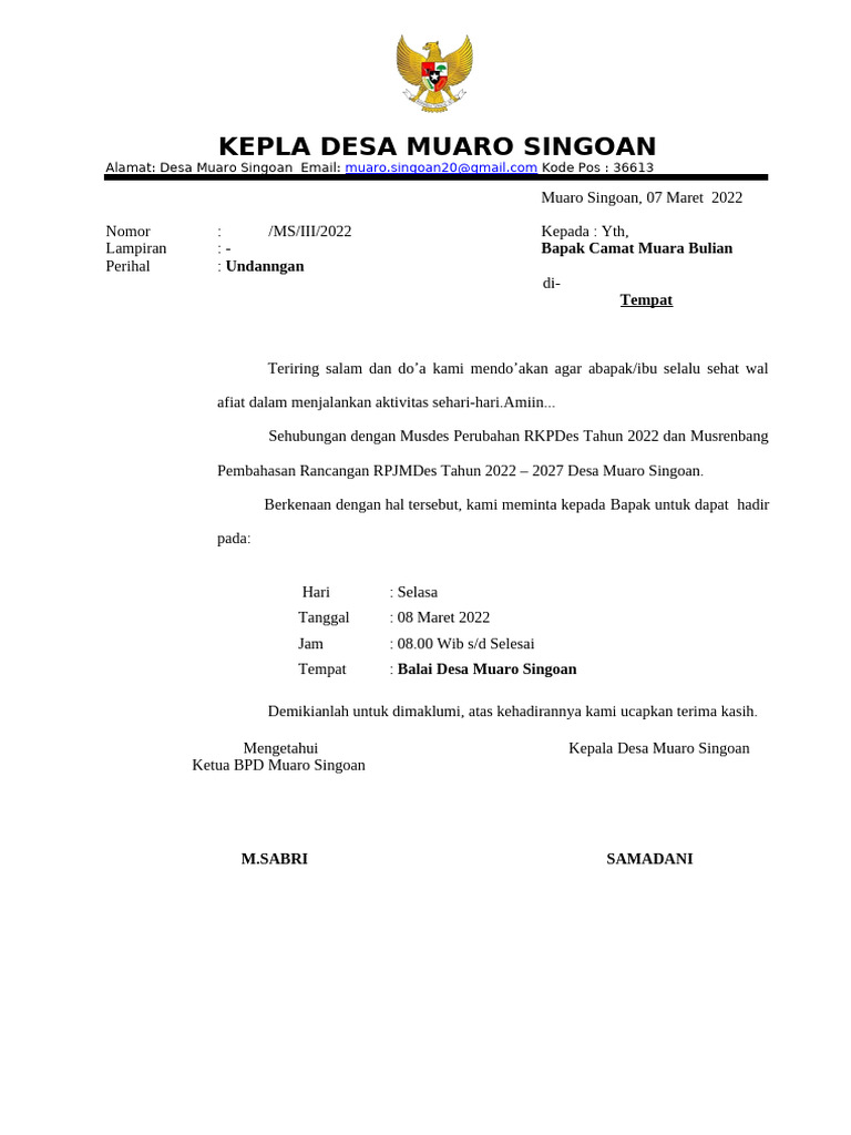 Undangan Musdes RKPDes Muaro Singoan | PDF