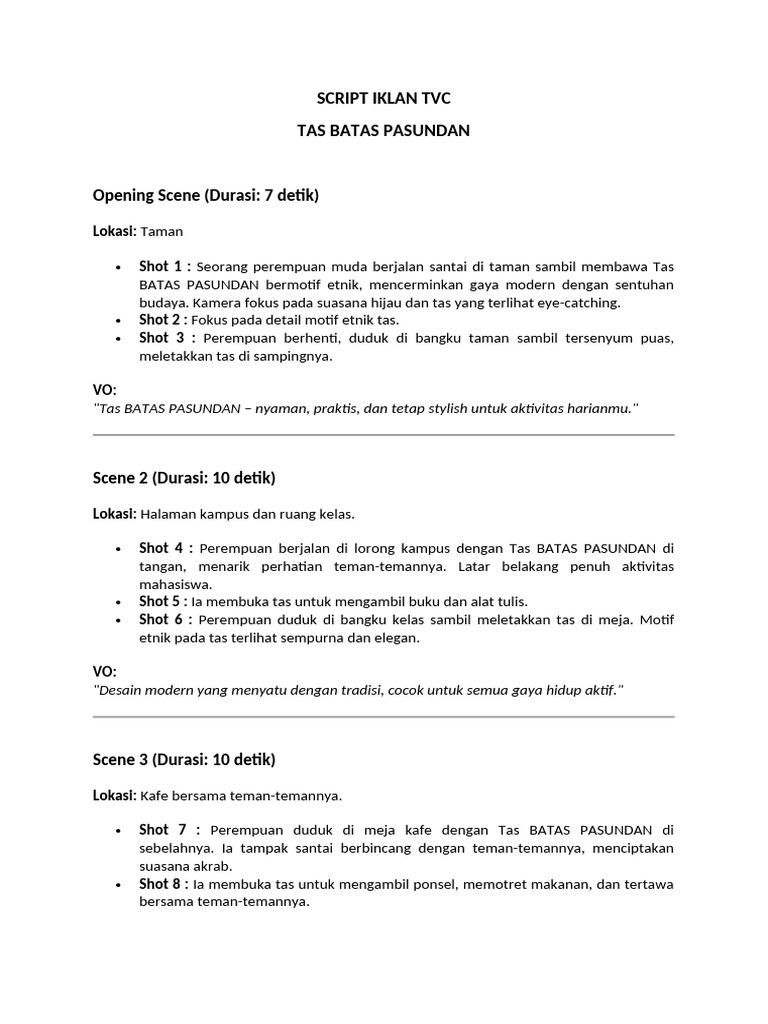 Script Iklan TVC Tas Batas Pasundan | PDF
