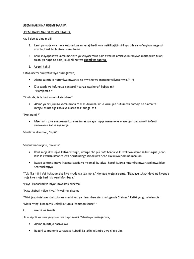 Usemi Halisi Na Usemi Taarifa | PDF