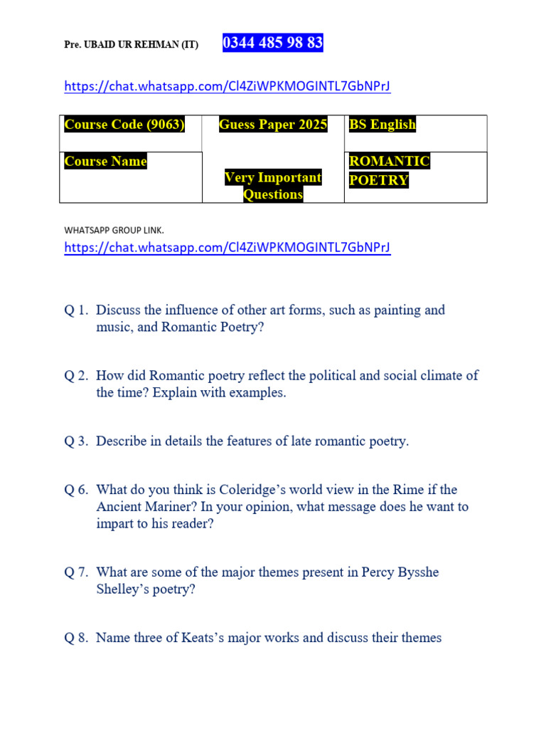 Key Questions on Romantic Poetry | PDF