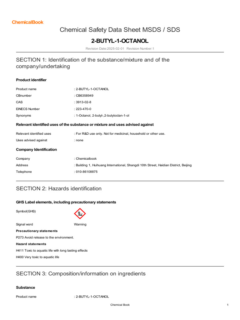2-Butyl-1-Octanol Safety Data Sheet | PDF | Dangerous Goods | Toxicity