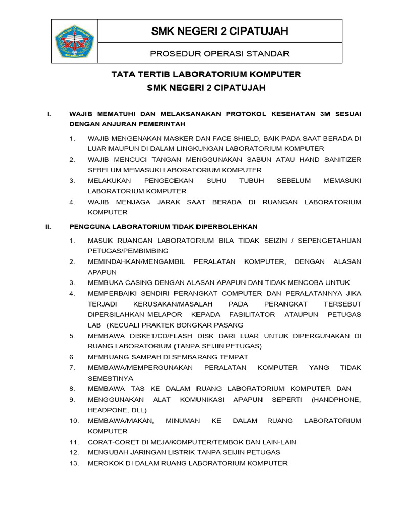SOP Lab Komputer SMK Negeri 2 Cipatujah | PDF