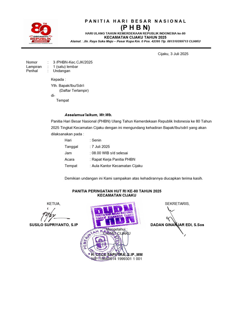 Undangan Rapat Kerja PHBN 2025 | PDF