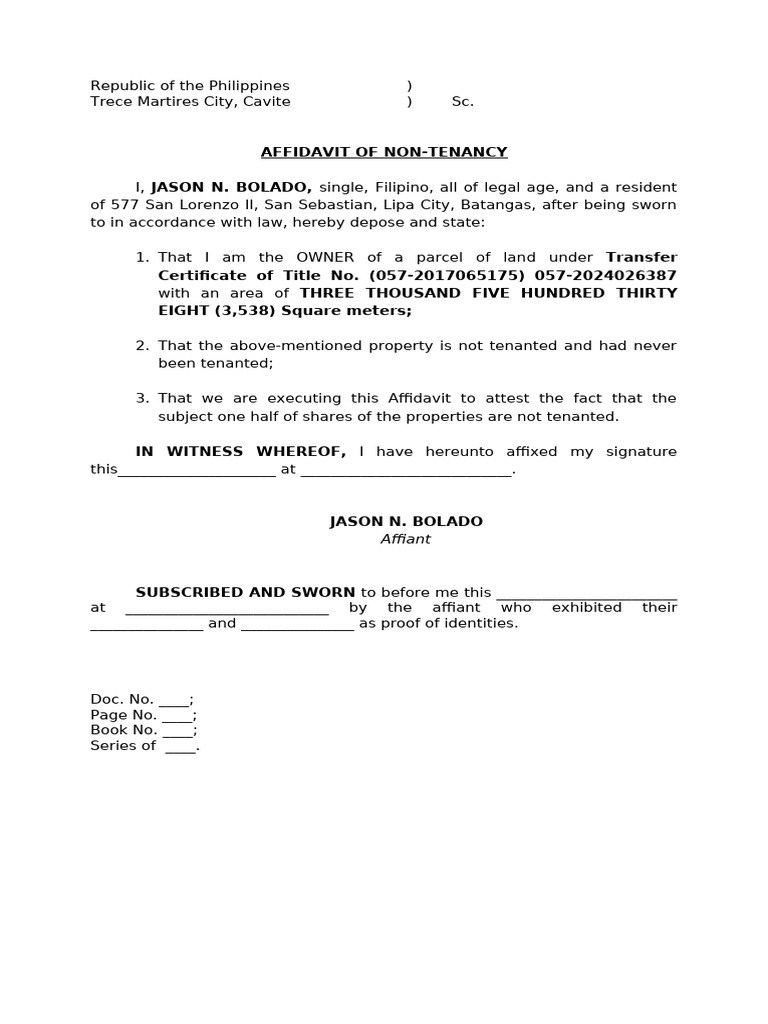 Affidavit of Non-Tenancy - Jason N. Bolado | PDF