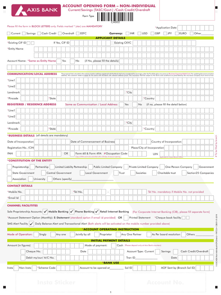Current and Savings Account Opening Form For Non Individuals | PDF ...
