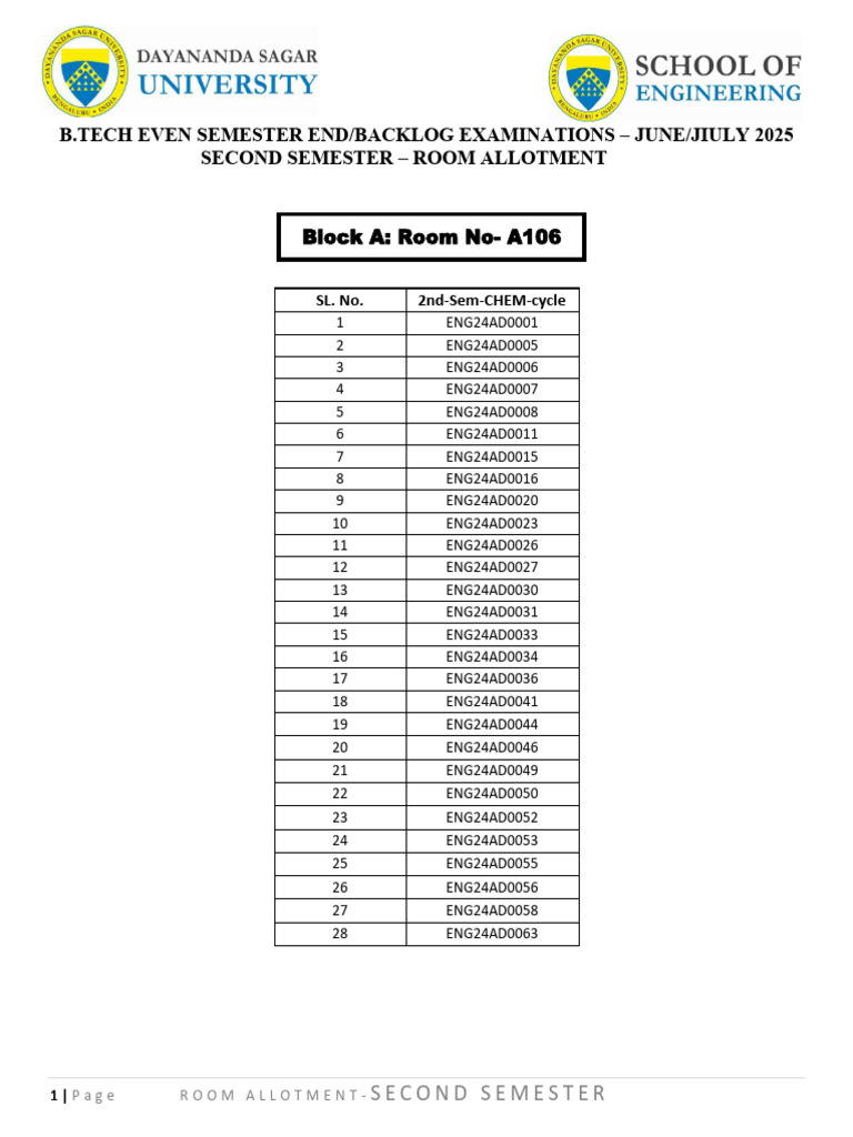 7th July - 2nd Sem. Regular & Backlog - Room Allotment - 2025 | PDF