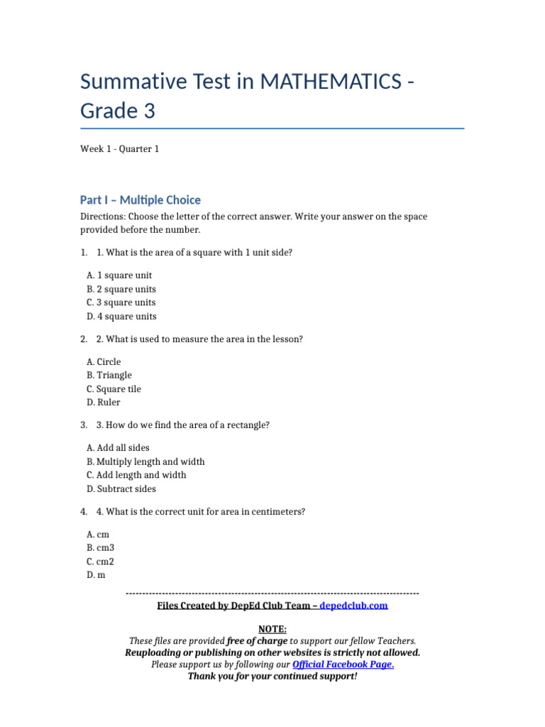 Summ - Test Mathematics 3 q1 w1 | PDF | Area | Rectangle