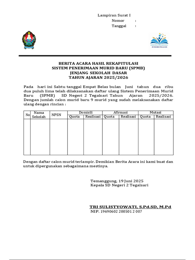 Rekapitulasi SPMB SD 2025/2026 Temanggung | PDF