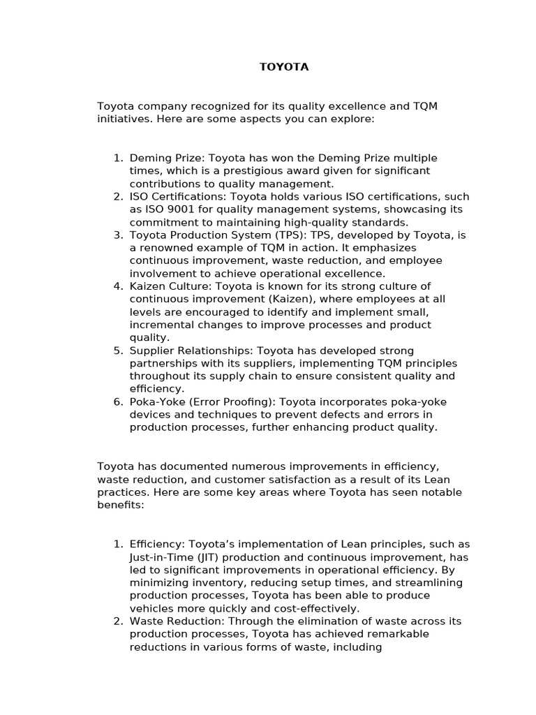 Toyota's TQM and Lean Manufacturing Success | PDF | Lean Manufacturing ...