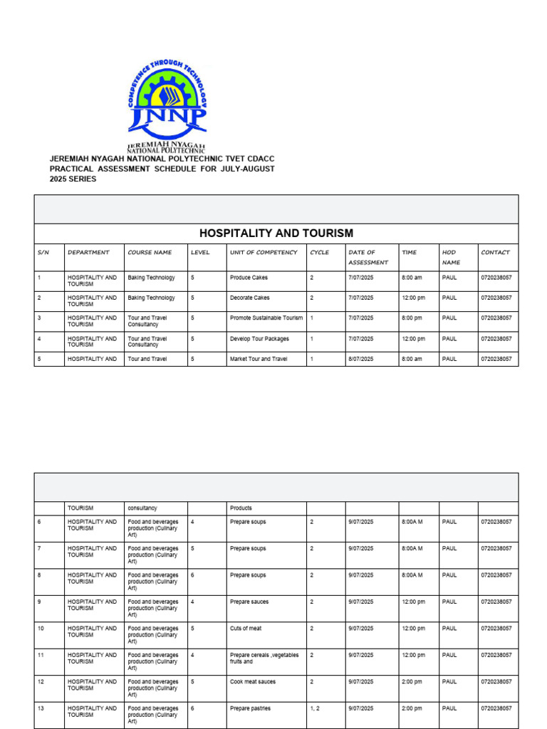 Jeremiah Nyagah National Polytechnic Tvet Cdacc Practical Assessment Schedule For July-August ...