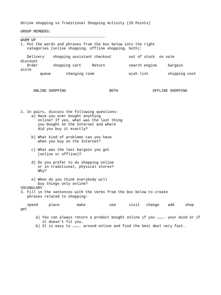 Online vs Traditional Shopping Worksheet | PDF | Online Shopping
