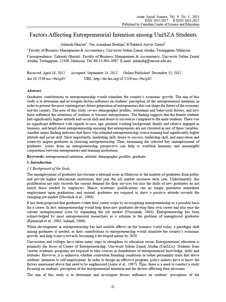 Factors Influencing Entrepreneurial Intentions | PDF | Entrepreneurship ...